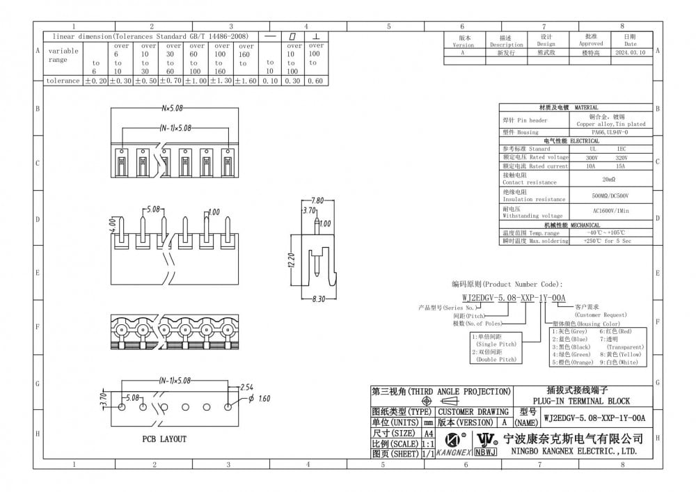KANGNEX WJ2EDGV-5.08-16P-14-00A technical drawing