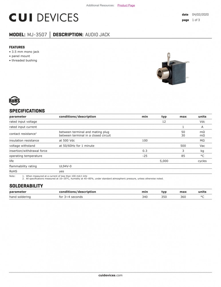CUI MJ-3507 technical document page 1