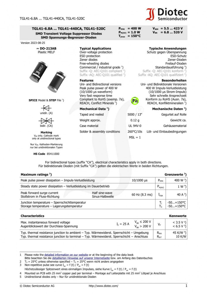 DIOTEC TGL41 datasheet page 1