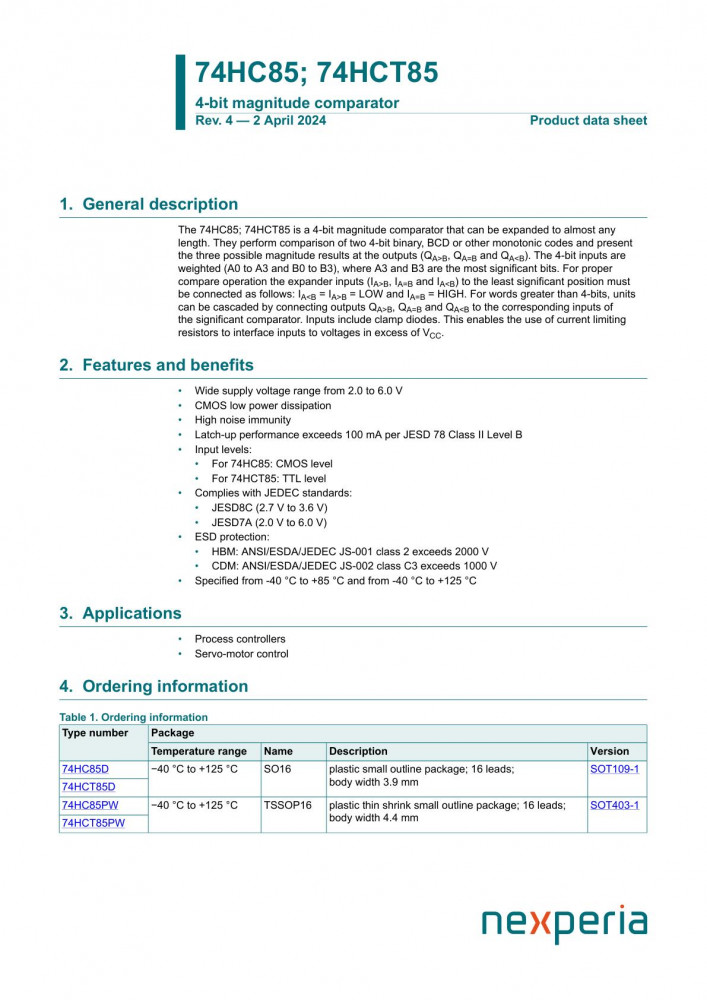 74HC85PW datasheet page 1