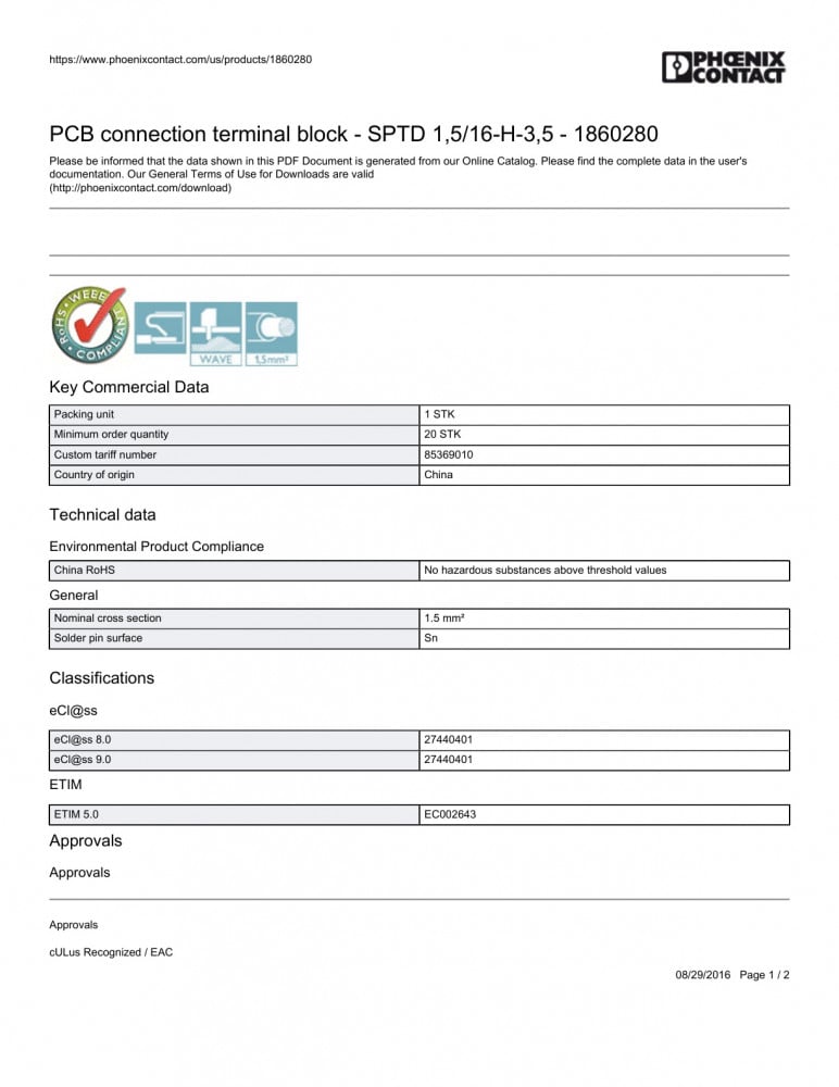 Phoenix Contact 1860280 technical document page 1