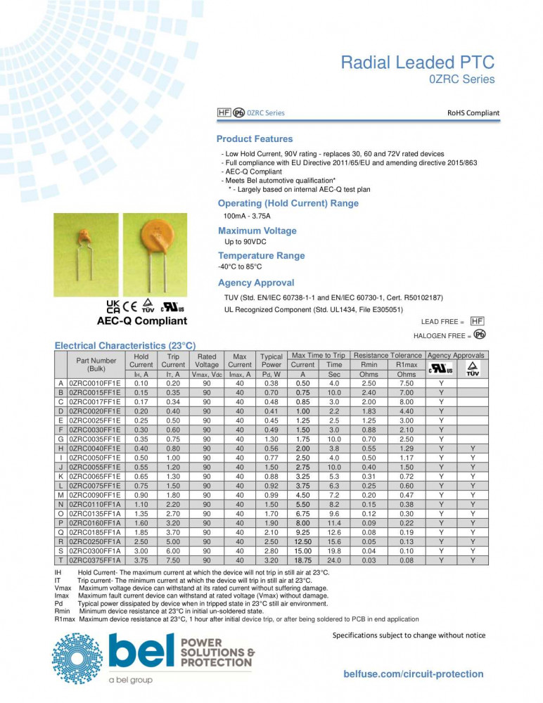 Bel Fuse 0ZRC series datasheet page 1