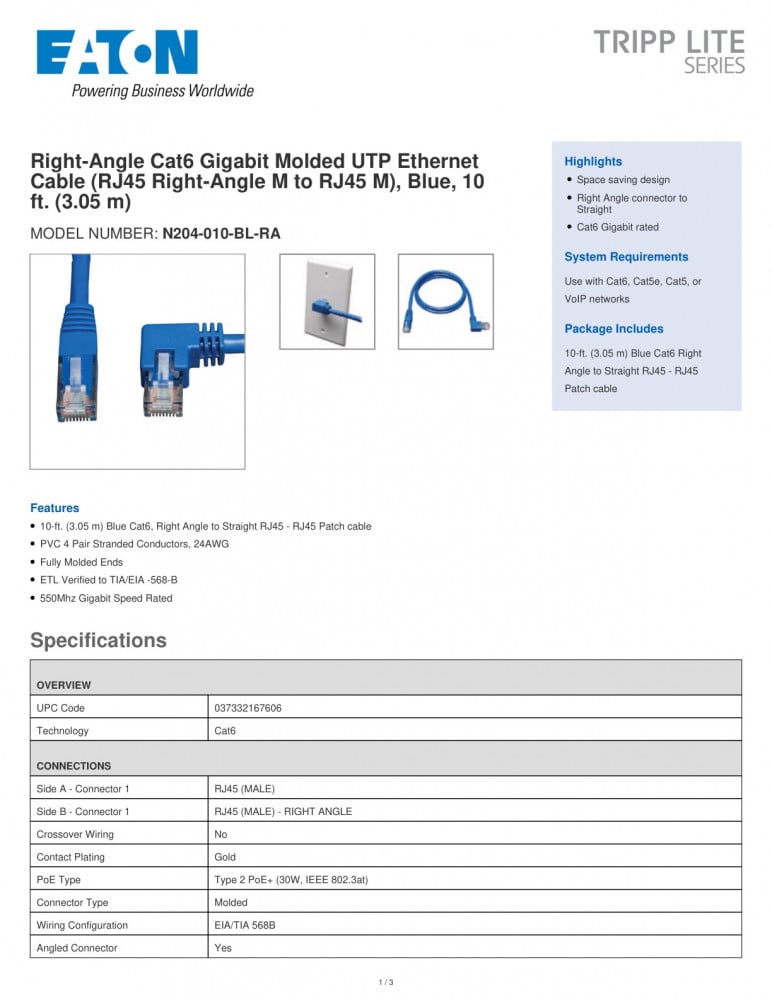EATON N204-010-BL-RA technical document page 1