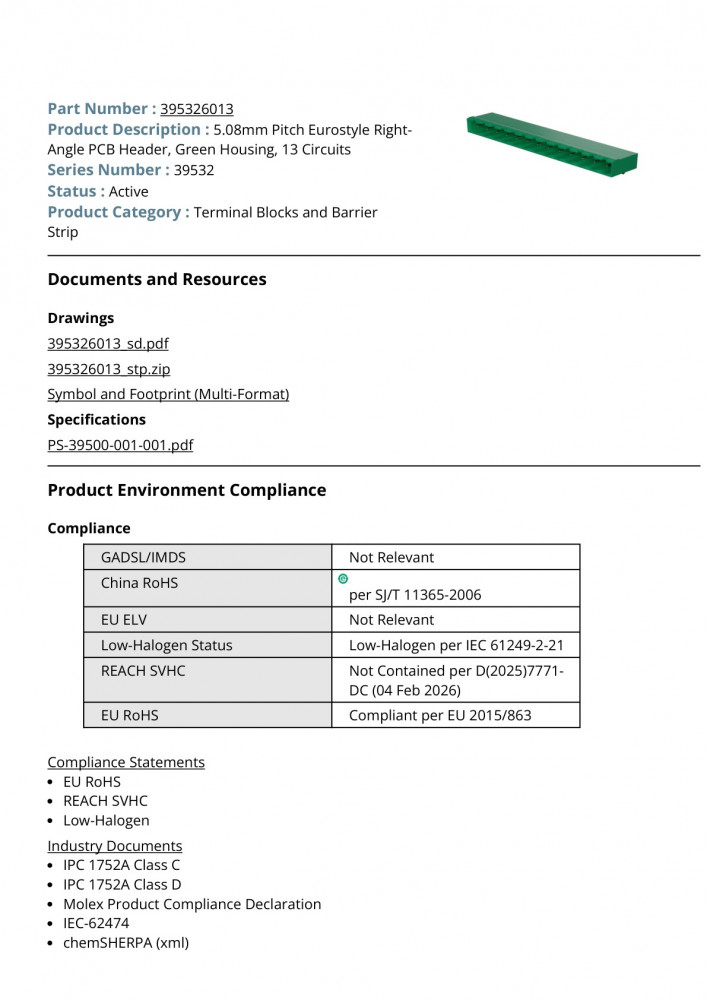 MOLEX 395326013 technical document, page 1