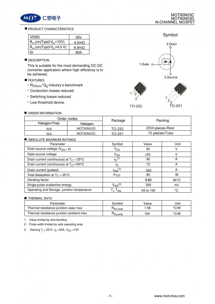 MOT90N03D datasheet page 1