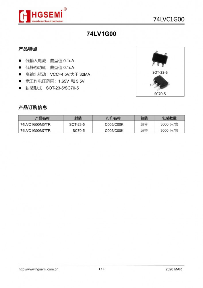 HGSEMI 74LVC1G00 datasheet page 1