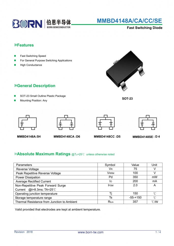 MMBD4148CA datasheet page 1