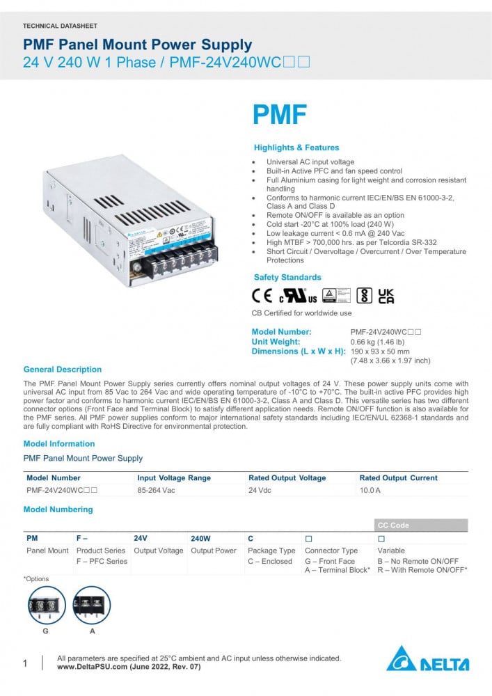 DELTA PMF-24V240WCAR datasheet page 1