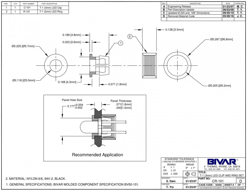 BIVAR CR-101 T-1 3 mm LED clip and ring set drawing