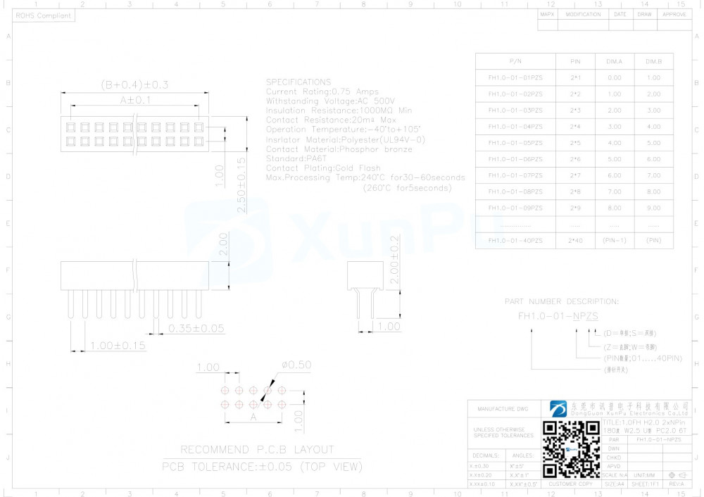 XUNPU FH1.0-01-13PZS technical drawing and specifications