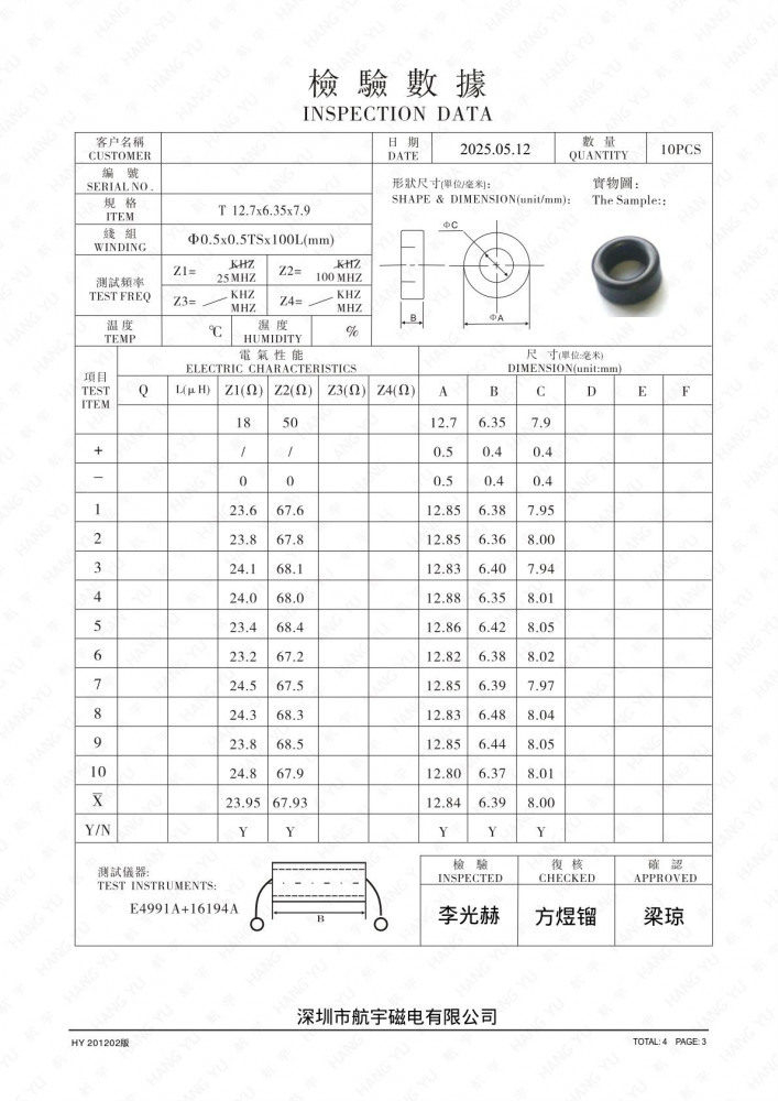 T12.7×6.35×7.9 inspection data page