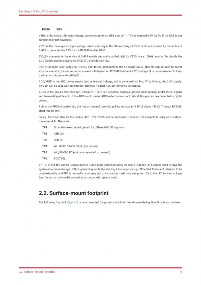 Raspberry Pi Pico W datasheet page 10