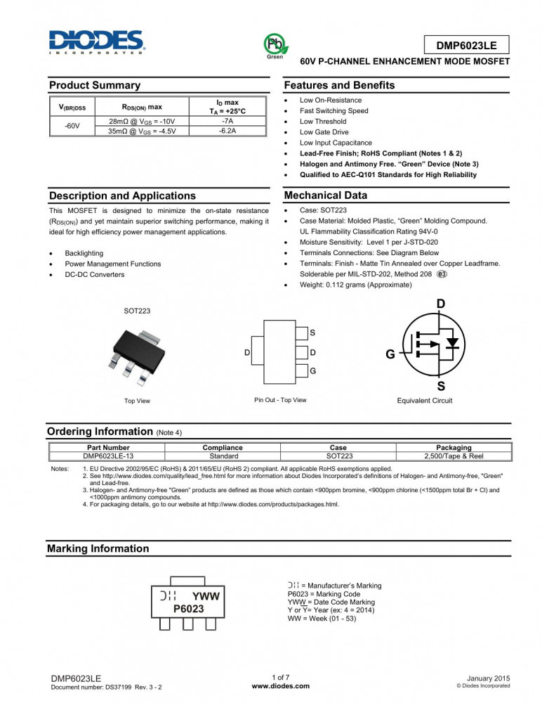 DMP6023LE-13 datasheet page 1