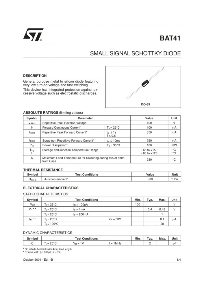 ST BAT41 datasheet page 1