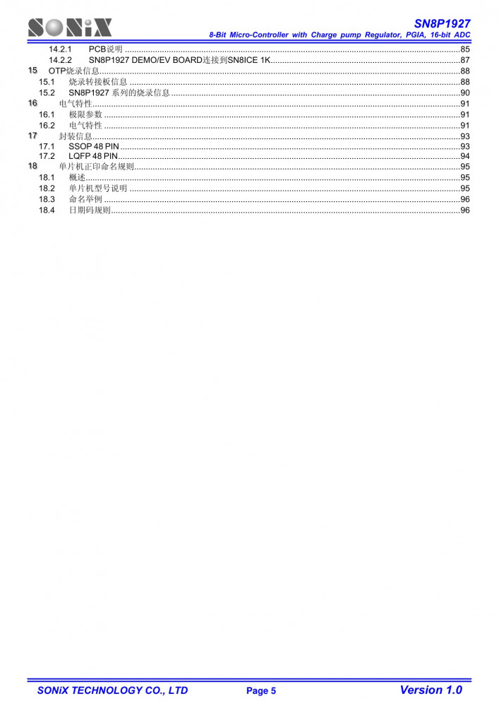 SN8P1927 reference manual page 5