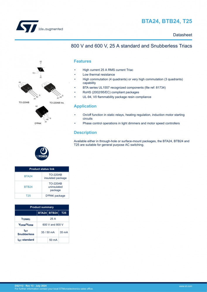 BTA24 family datasheet page 1