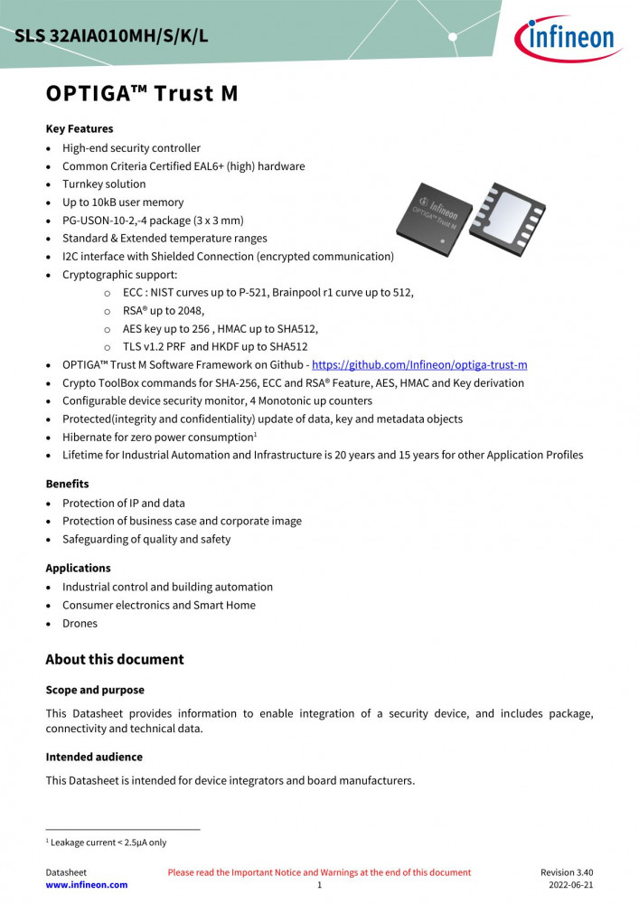 OPTIGA Trust M datasheet page 1