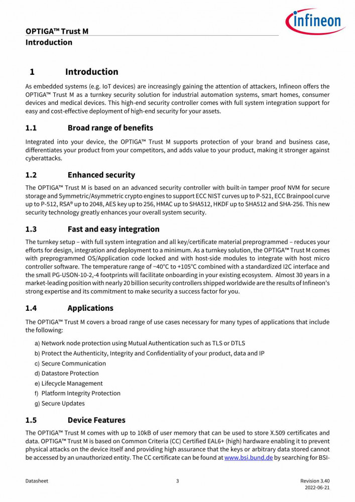 OPTIGA Trust M datasheet page 3
