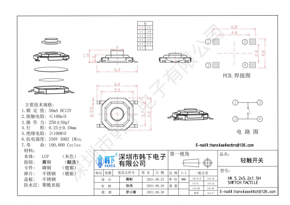 HX 5.2x5.2x1.5H SWITCH TACTILE technical drawing