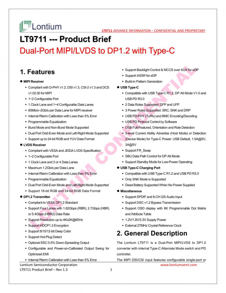 LT9711 technical document page 1
