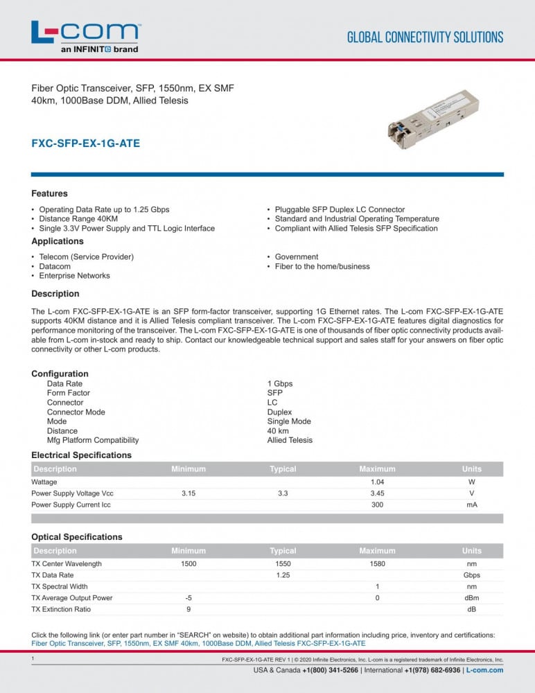 FXC-SFP-EX-1G-ATE technical document page 1