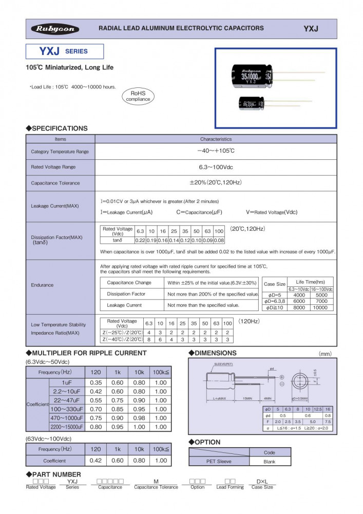 Rubycon YXJ series technical document page 1