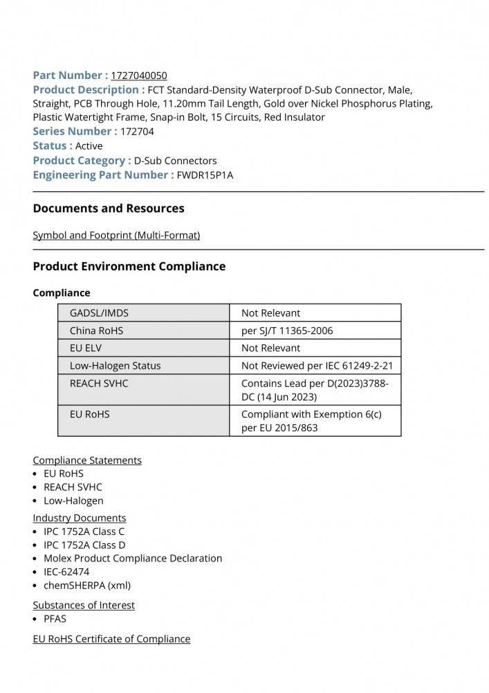 MOLEX 1727040050 technical document page 1