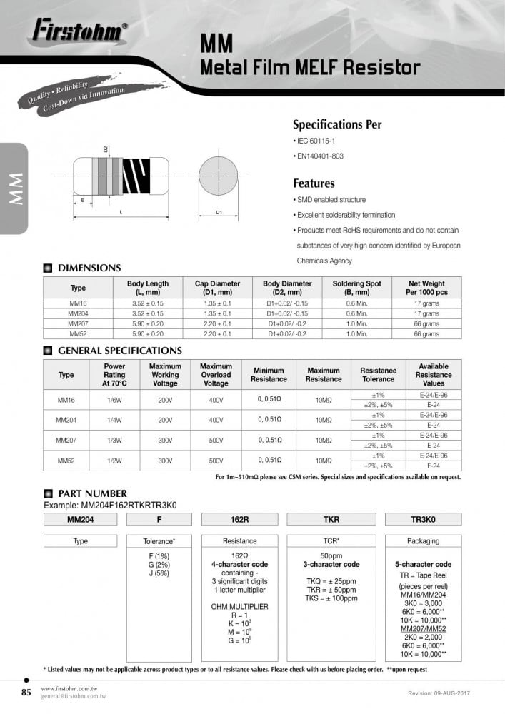 Firstohm MM52 datasheet page 1