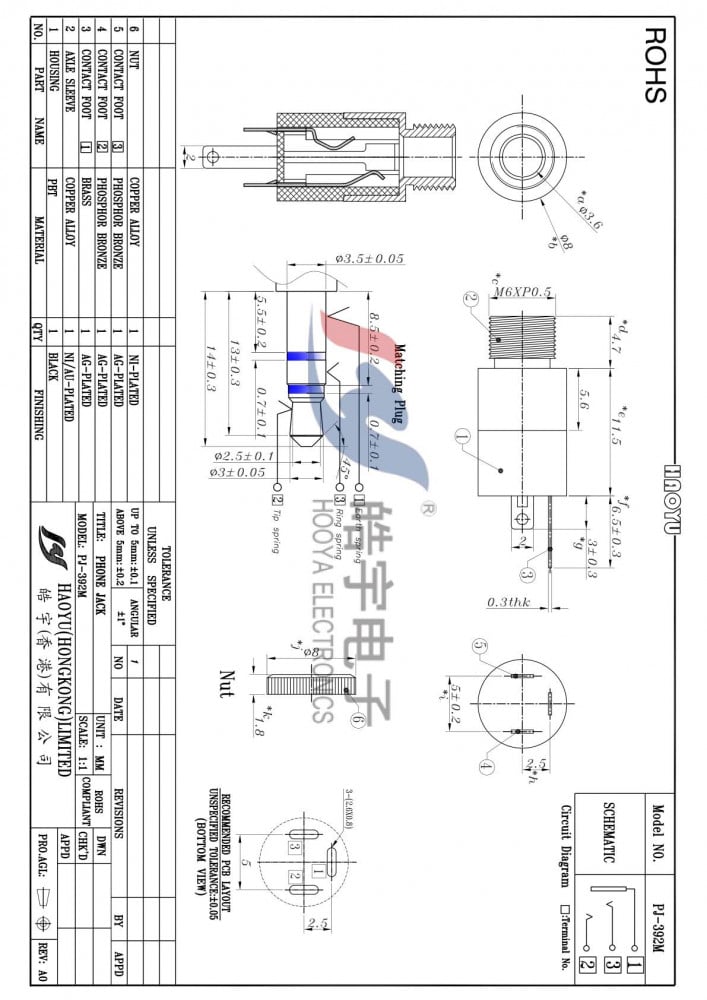 HOOYA PJ-392M technical drawing and recommended PCB layout