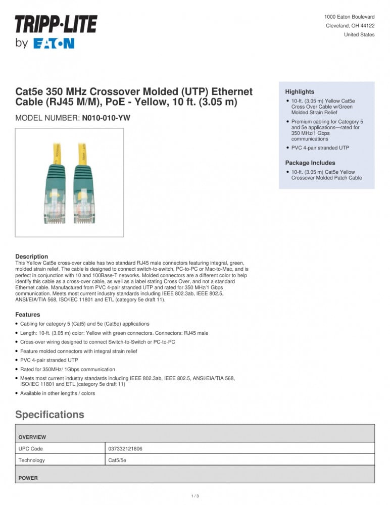 EATON N010-010-YW technical document page 1