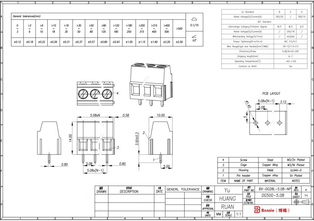 BX-DG28L-5.08-2P technical drawing