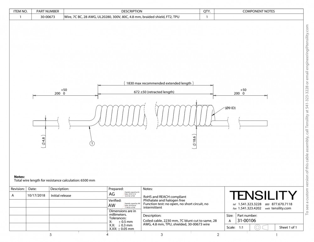 Tensility International drawing for cable assembly model 31-00106