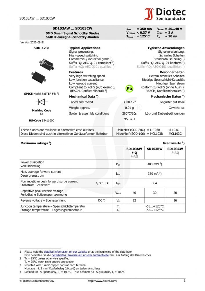 DIOTEC SD103AW datasheet page 1