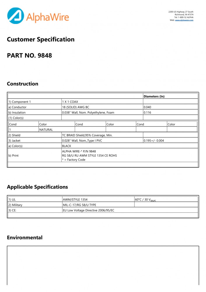 Alpha Wire 9848 technical specification page 1