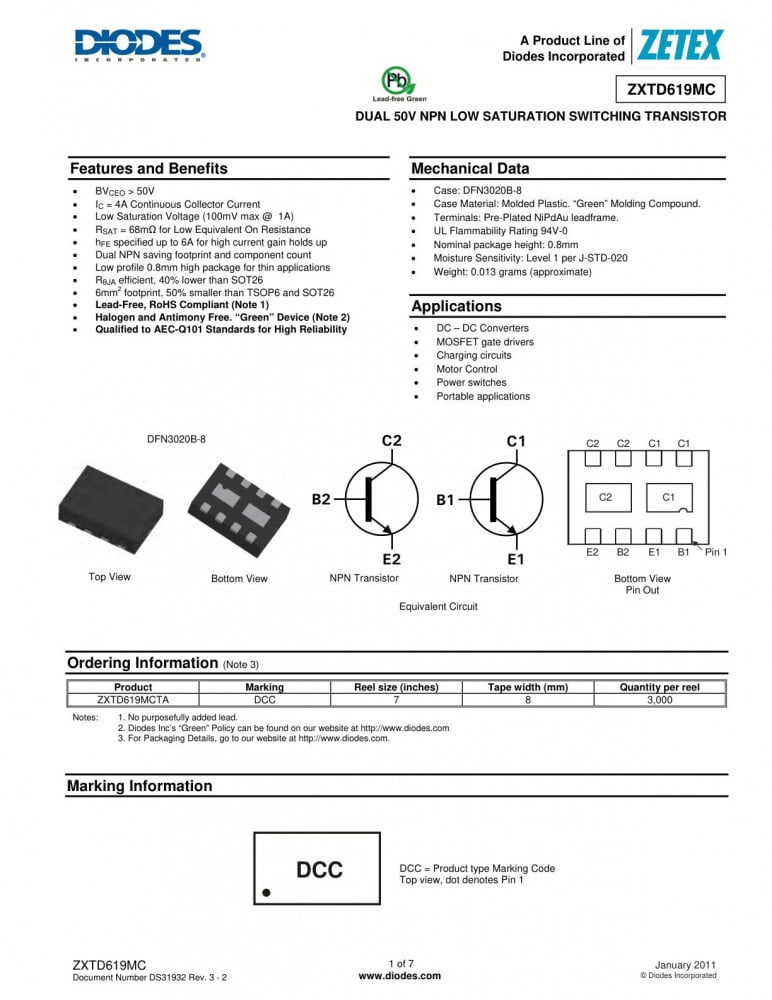 ZXTD619MCTA datasheet page 1