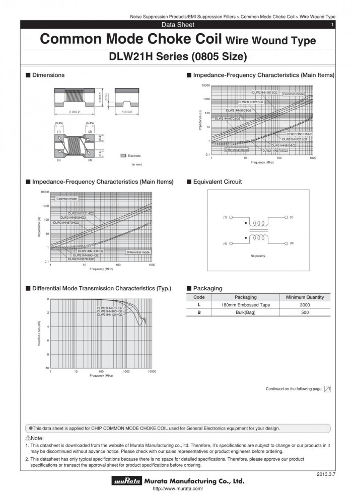 Murata DLW21H Series datasheet page 1