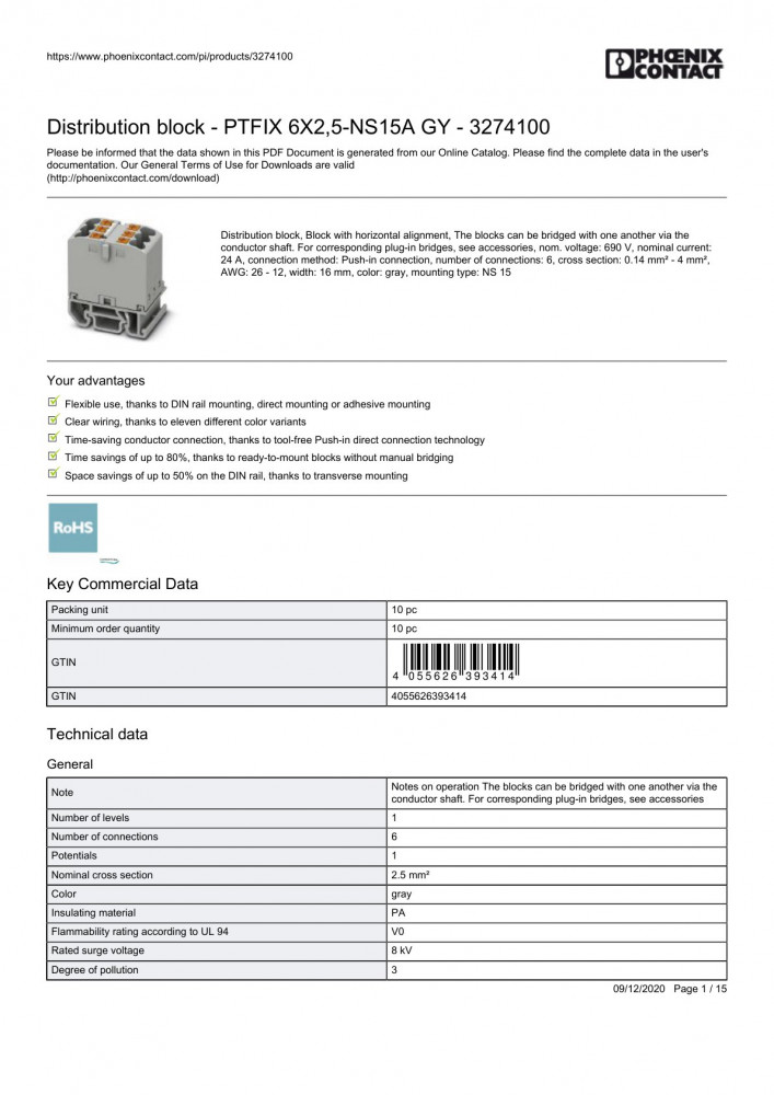 3274100 product document page 1