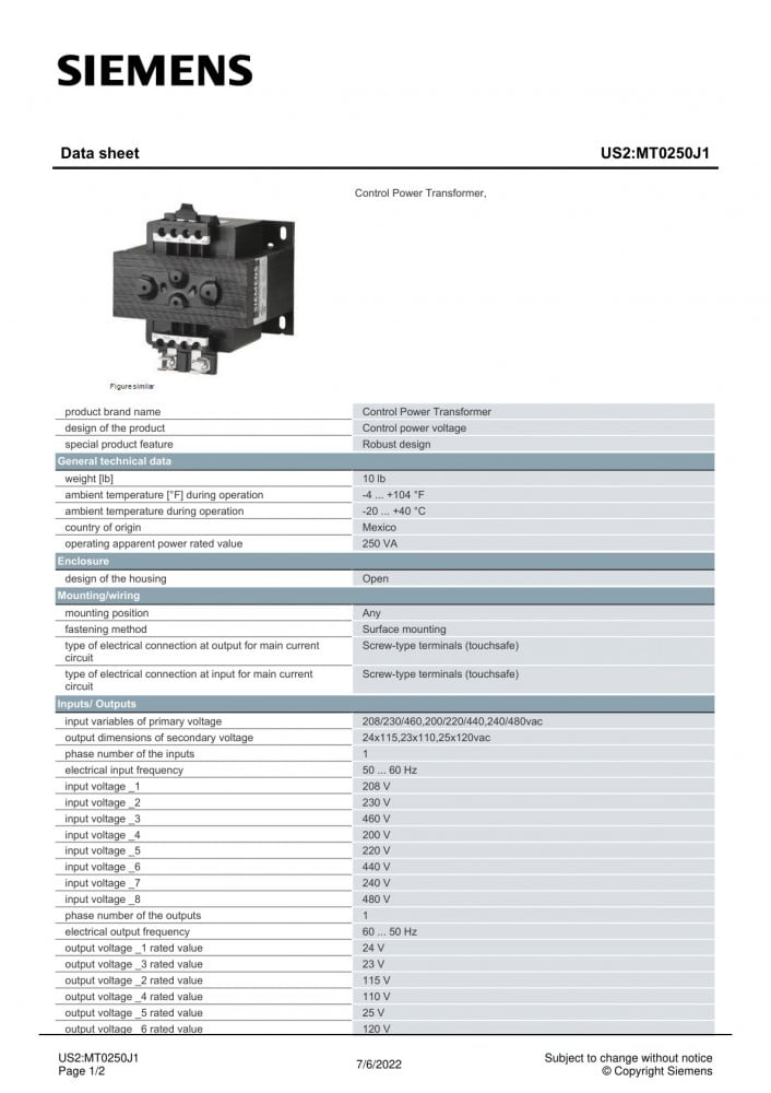 SIEMENS MT0250J1 technical document page 1