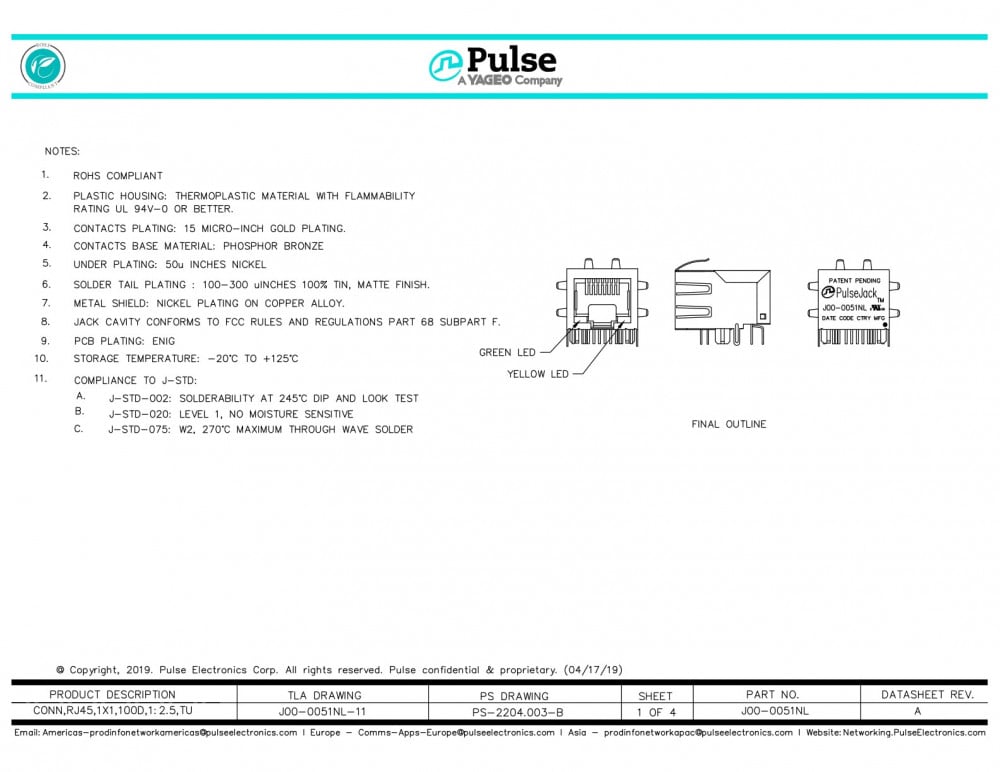 PULSE J00-0051NL documentation page 1
