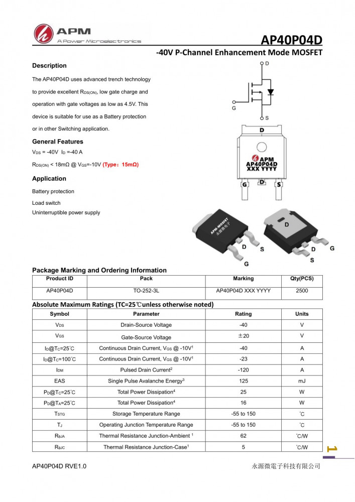 AP40P04D datasheet page 1