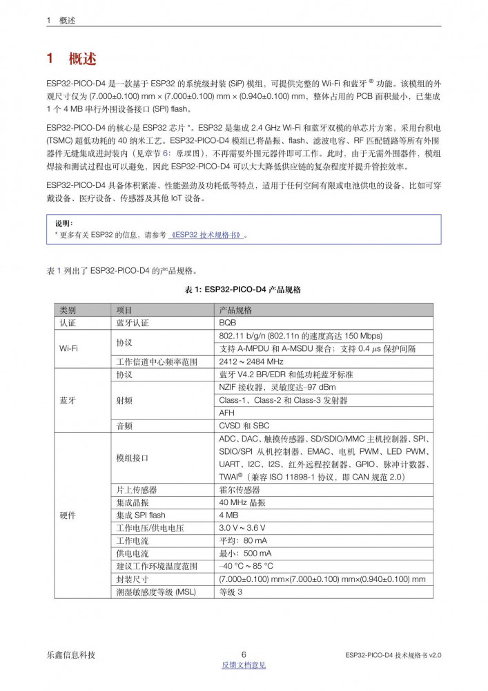 ESP32-PICO-D4 datasheet page 6