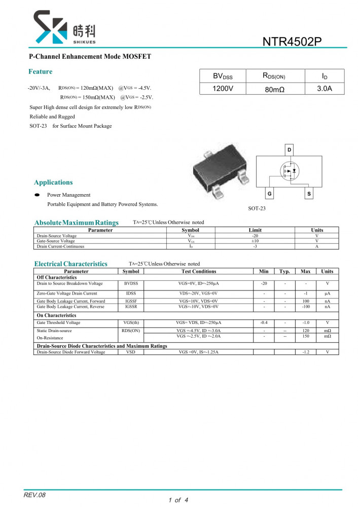 NTR4502P datasheet page 1
