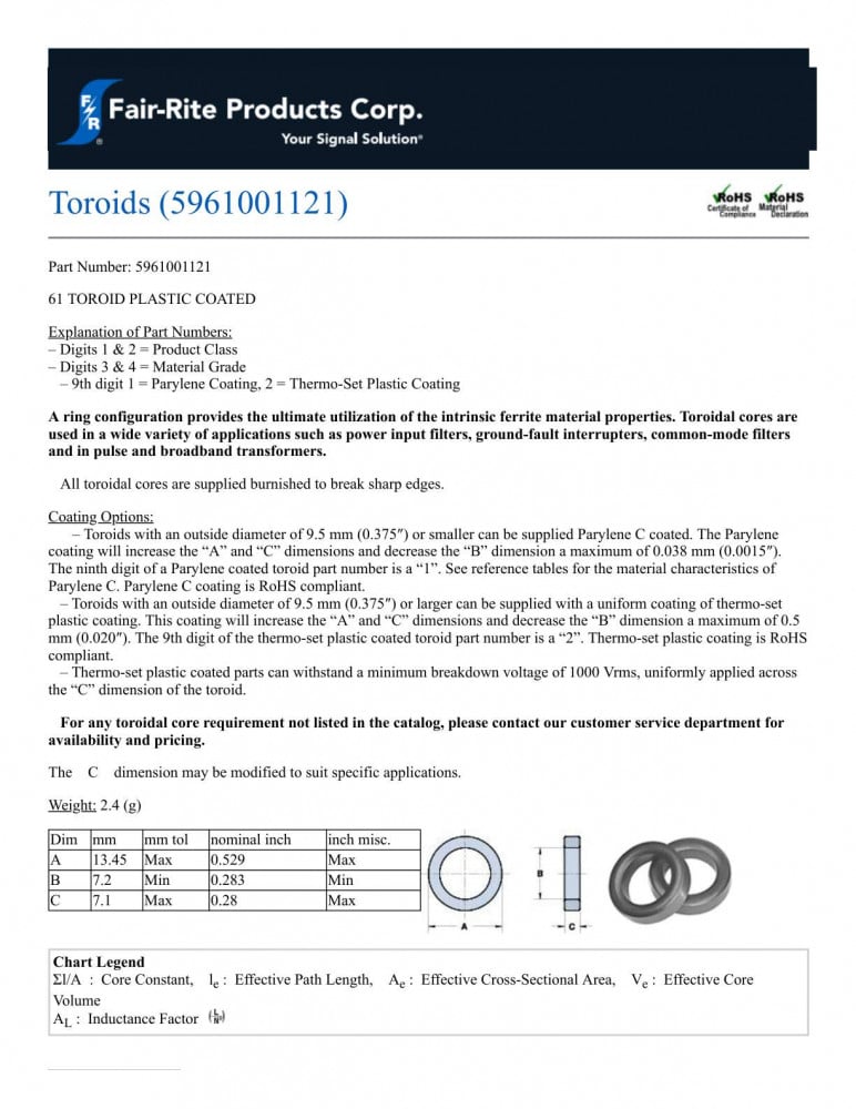 Fair-Rite 5961001121 technical document page 1