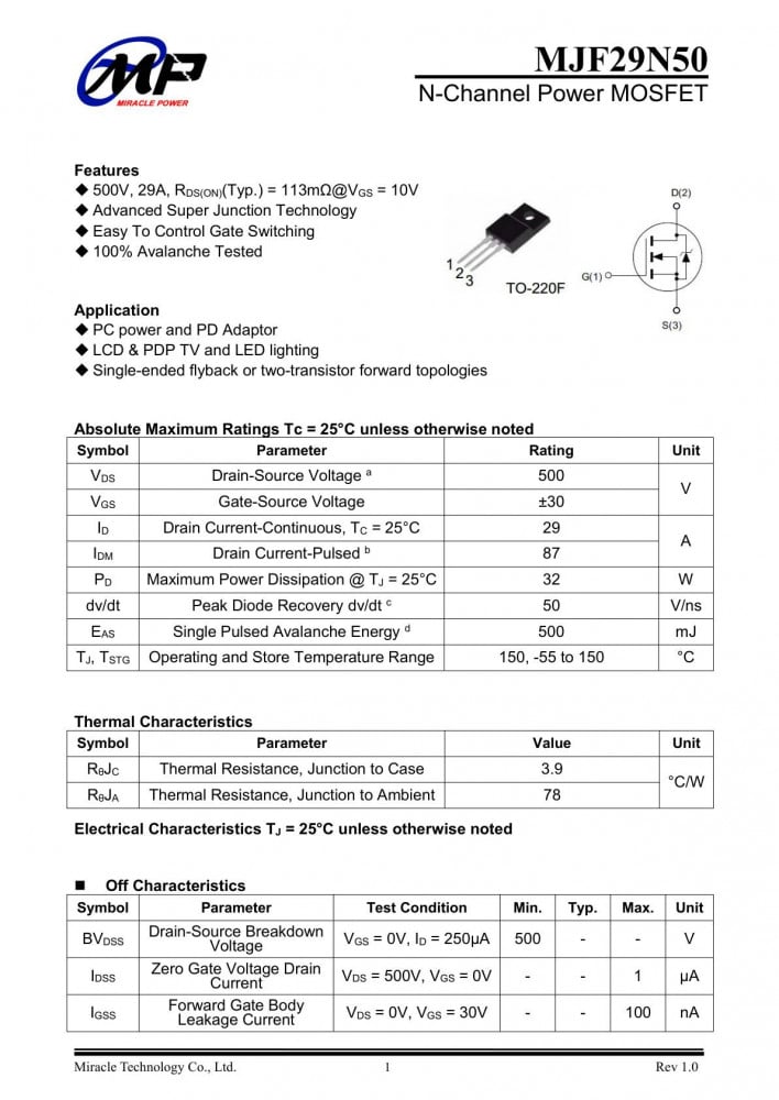 MJF29N50 datasheet page 1