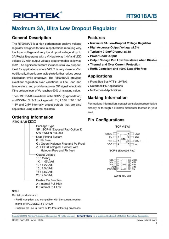 RT9018B-18GSP datasheet page 1