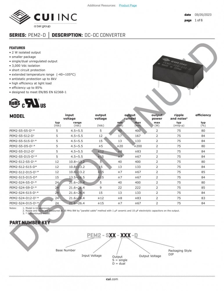 CUI PEM2-D datasheet page 1