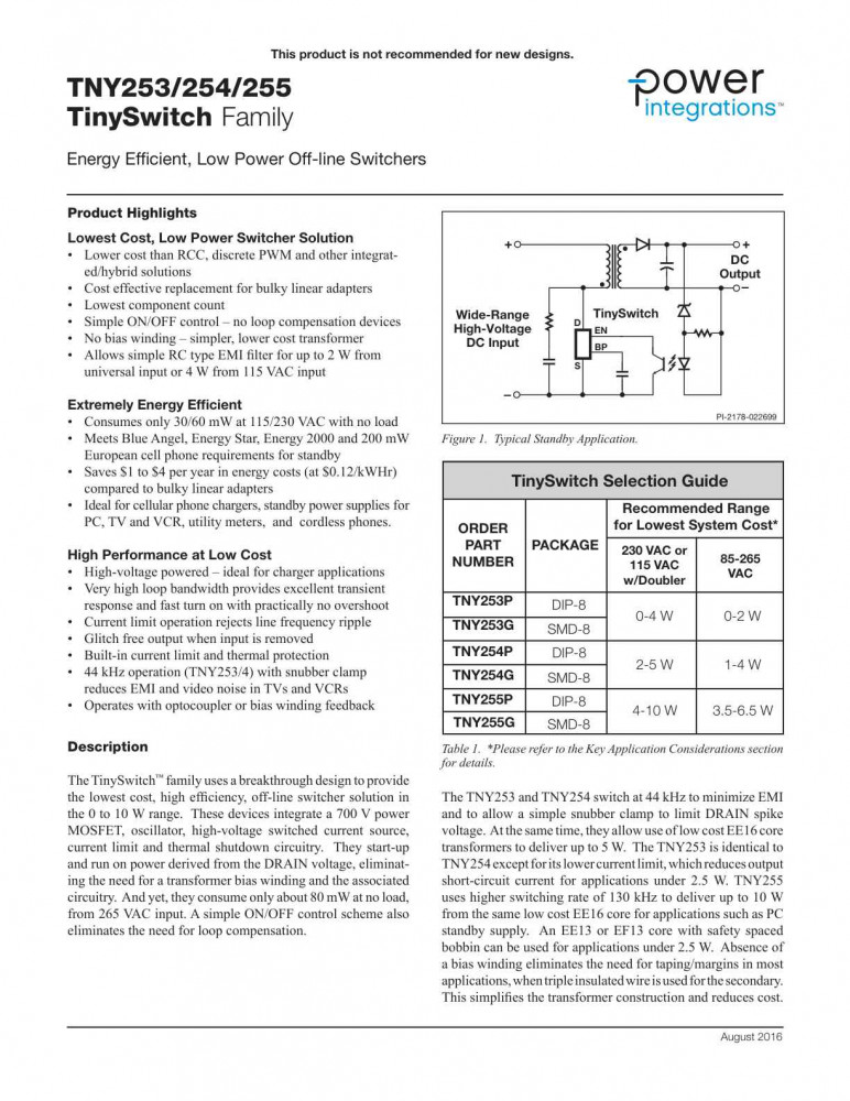 TNY253PN datasheet page 1