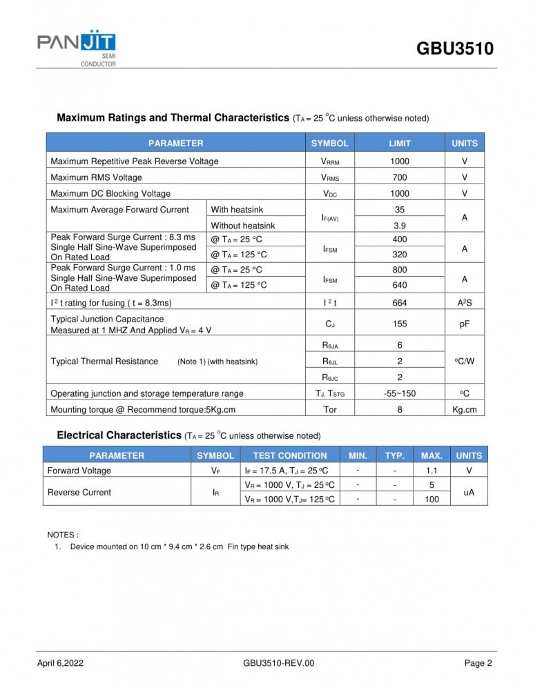 PANJIT GBU3510 datasheet page 2