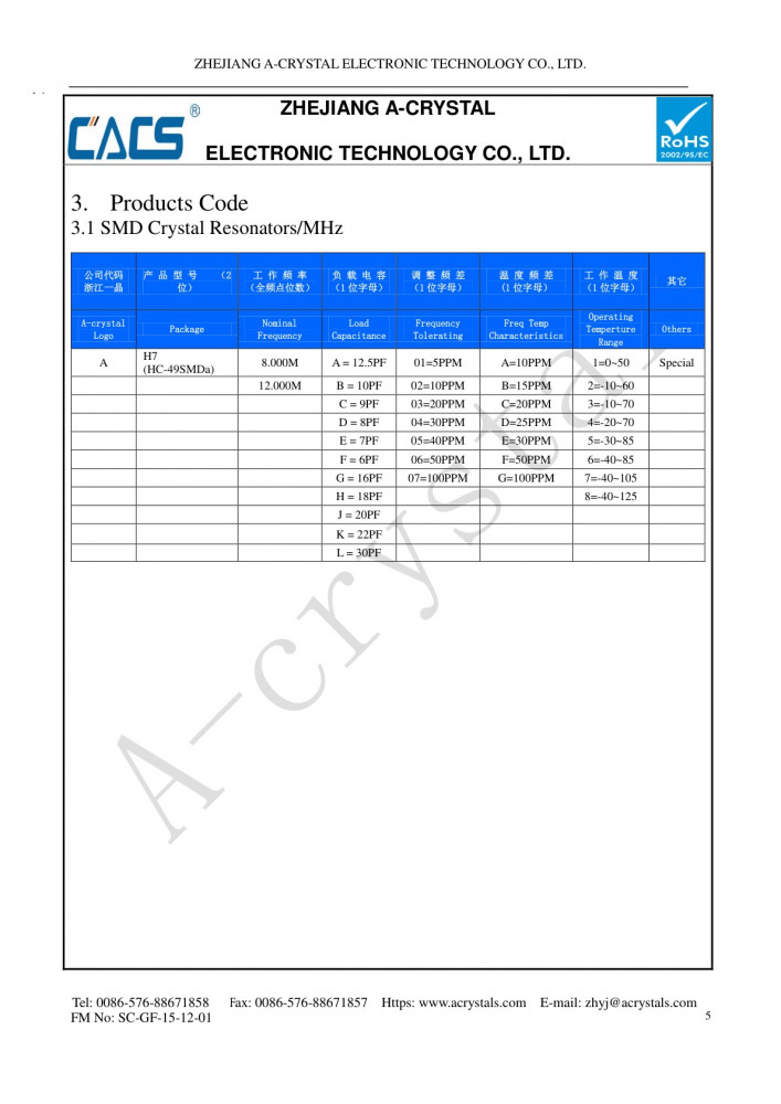 HC-49SMDa specification document, page 5