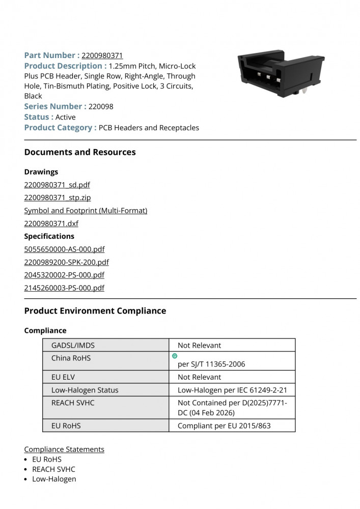 MOLEX 2200980371 technical document page 1